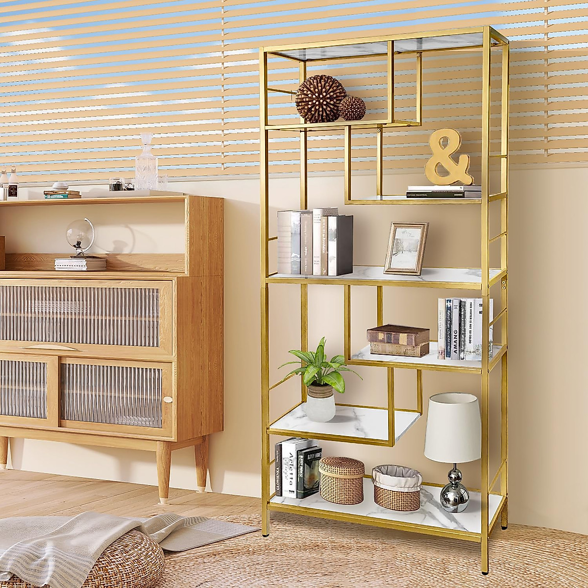 AT-VALY 6 Tier Bookcase Bookshelf, 72.4”Tall Modern Freestanding Bookshelf with 6 Shelves, Faux Marble Open Display Storage Book Shelves for Living Room Bedroom Home Office (Gold)