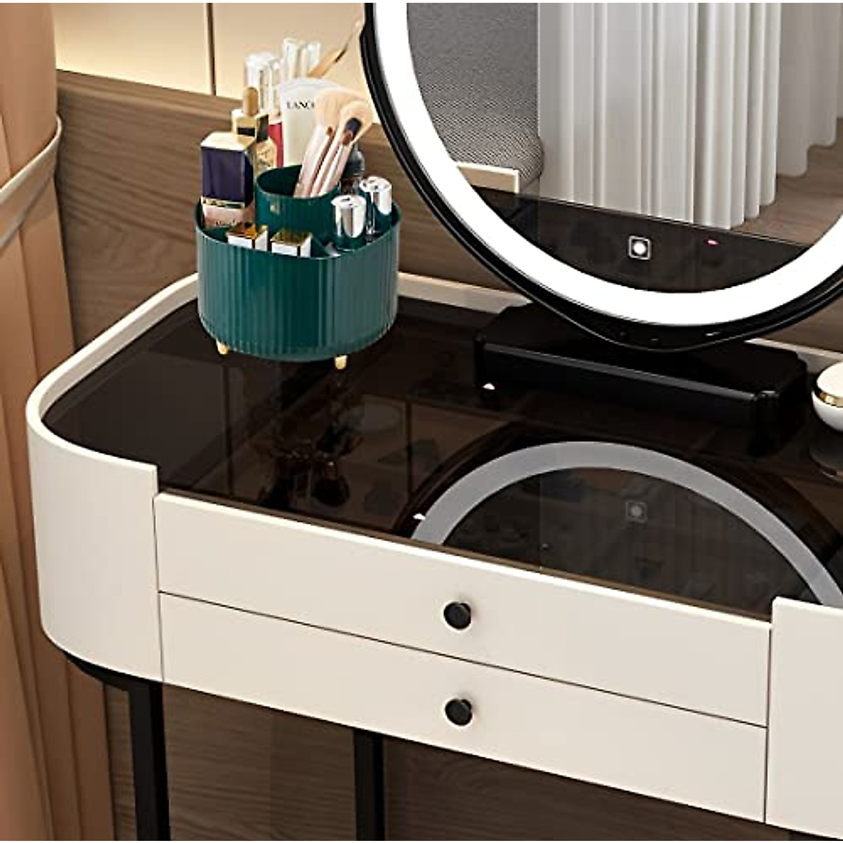 Large Capacity Makeup Brush Holder, 360° Rotating Makeup Perfume Organizer, 5 Slot Makeup Brushes Cup Tray for Vanity Decor Bathroom Countertops Cosmetic Desk Storage Container Display Case (Green)