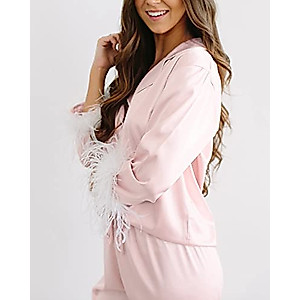 Belle's Design Women's Feather Trim Silk Satin Pajama Button Down Long Sleeve and Pants Set Sleepwear Loungewear S To XXL (Blush, Small)