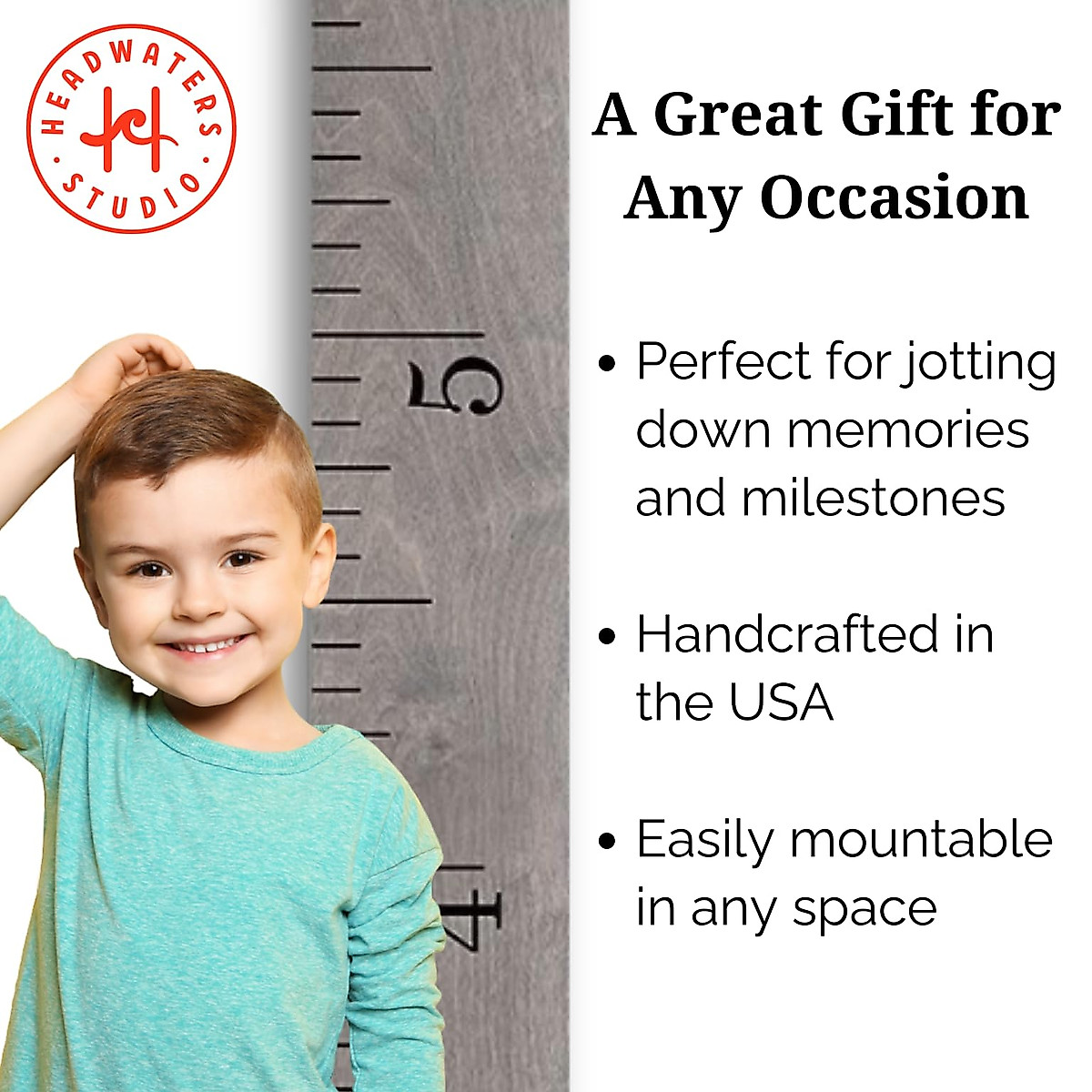 HEADWATERS STUDIO Wooden Growth Chart for Wall-Kids Sizing Chart, Height Measurement for Wall, Kids Height Wall Chart, Kids Height Ruler, Height Growth Chart for Kids - Love Grows Here Gray (63"x6.7")