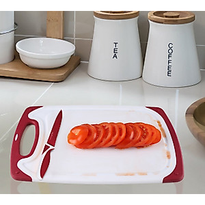 CHEF GRIDS Durable Plastic Cutting Board Set, Chopping Board Thick Plastic, for Vegetable Meat or Cheese with Non-Slip Feet and Handles with Juice Groove (Red, Blue, Grey)