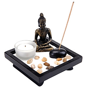 MyGift Mini Meditation Zen Rock Garden Table Decor Kit with Buddha Statue, Incense, Sand, Tealight Candle Holder and Wood Tray