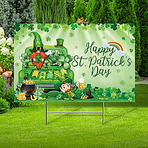 St. Patrick's Day Yard Sign Happy Saint Patty's Day Lawn Decorations 24.8 x 16 Inch Irish Leprechaun Shamrock Yard Sign Leprechaun Sat in the Irish Green Truck Outdoor Decor with Metal H stake