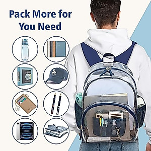 F-color Clear Backpack Heavy Duty - Large Clear Backpacks for School PVC Transparent Bookbag for Students Work Travel, Navy Blue