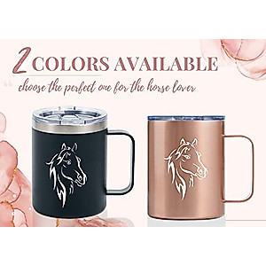 Onebttl Horse Gifts for Girls, Women, Horse Lovers, Insulated Stainless Steel Coffee Mug with Lid and Handle, Equestrians, Cowgirls Gifts for Birthday, Christmas, 12 oz, Rose Gold