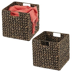 mDesign Natural Woven Hyacinth Cube Organizer Basket with Handles, Storage for Bathroom, Laundry Room Shelf or Nursery - Perfect for Cubby Storage Units - Hold Blankets and Books - 2 Pack, Black Wash