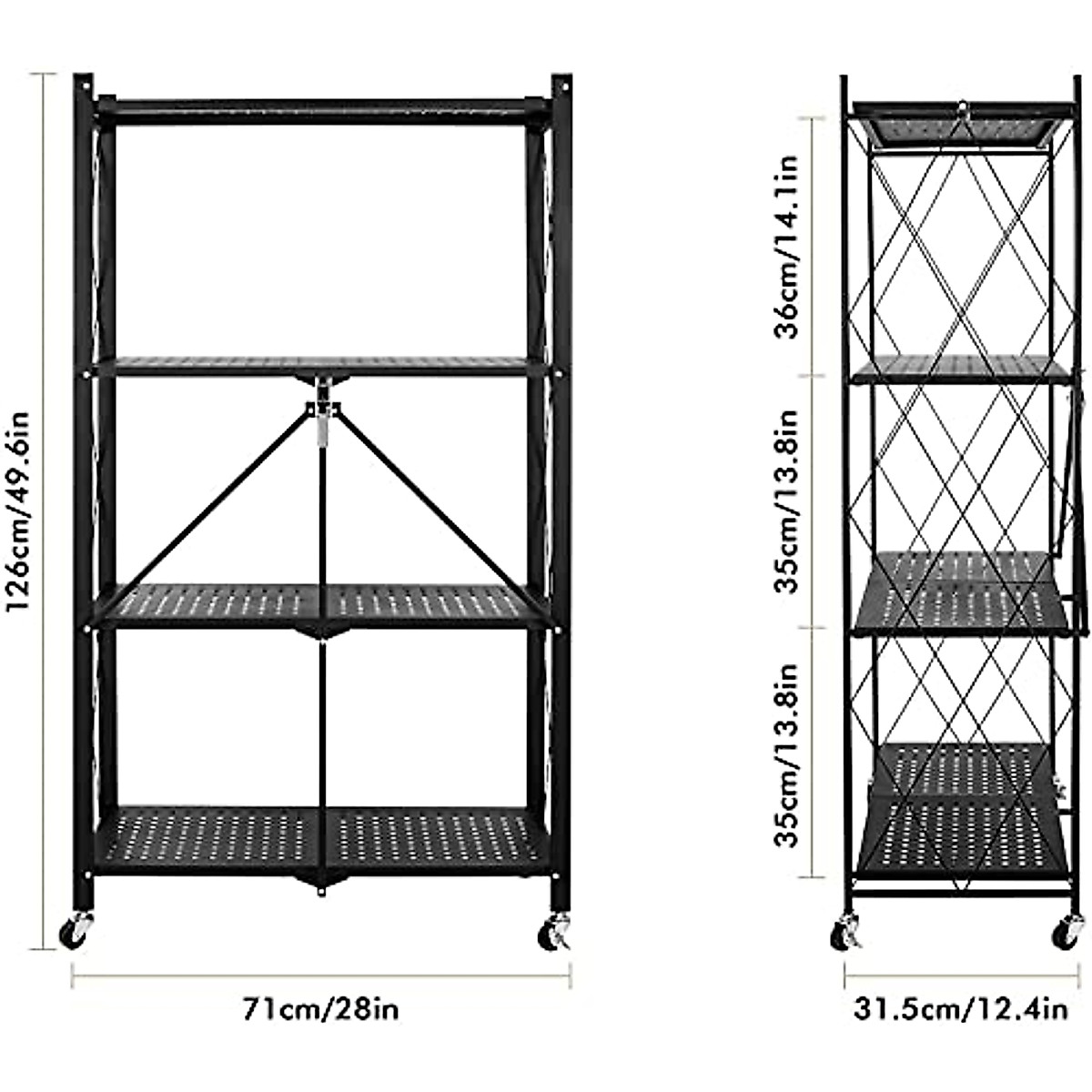 XMSound 4-Tier Foldable Storage Shelves with 12 Hooks, No Assemble Needed Wide Folding Metal Shelf with Caster Wheels for Garage Kitchen Home Closet Office