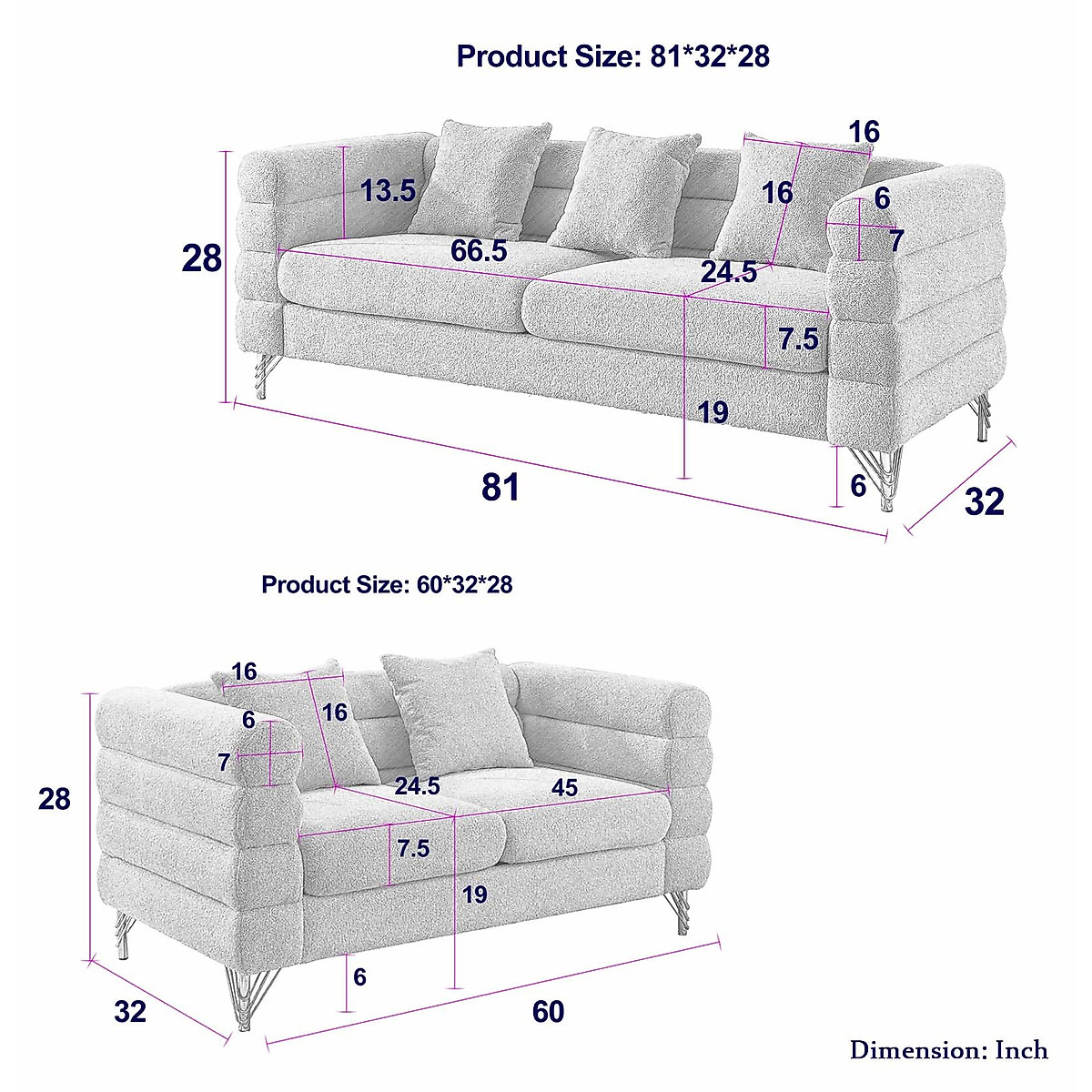 Comfy 3 Seater Sofa, 81-inch Oversized Boucle Couch with Deep Seat Design, Upholstered Sofa Couch with 2 Pillows, Modern Living Room Sofa with Stylish Metal Legs for Office, Waiting Room, Black Teddy