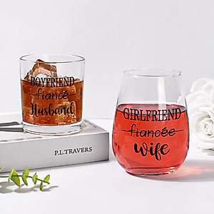 Modwnfy Husband Wife Whiskey Glass & Stemless Wine Glass Set of 2, Wedding Gift Bridal Shower Gift for Couples Newlyweds Bride & Broom Mr & Mrs on Valentine's Day Christmas Anniversary Bachelor Party