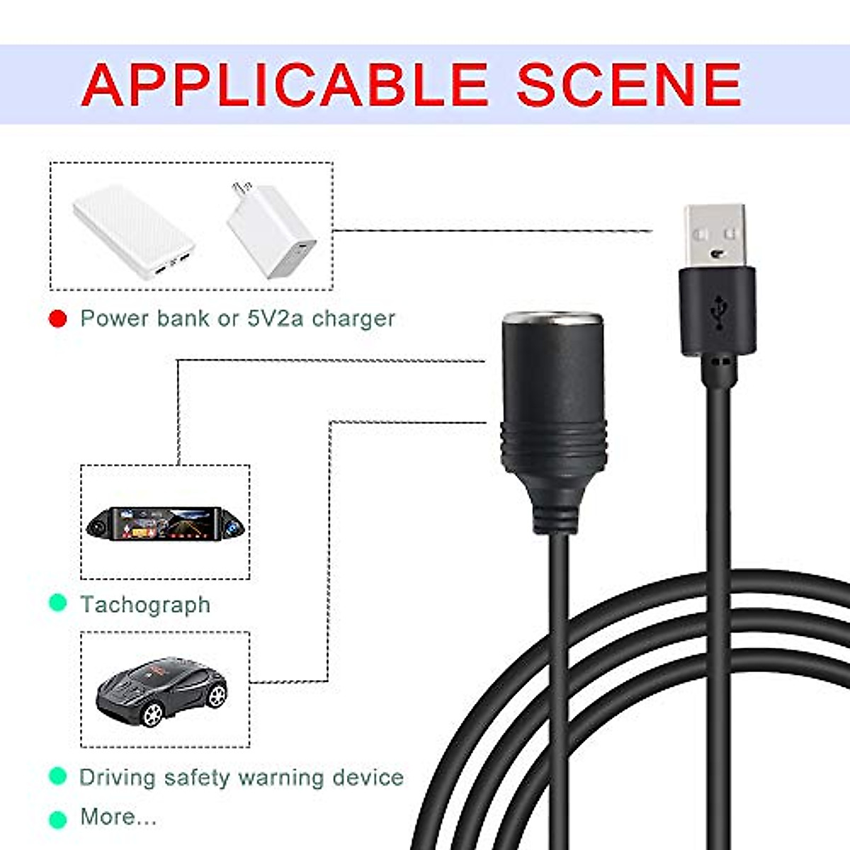 TEHUS USB to 12V DC Power Adapter - USB 5V A Male to 12V Car Cigarette Lighter Socket Power Converter for Driving Recorder DVR Dash Camera GPS(10W 0.8A Max) (0.3M/11.8in)