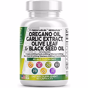 Oregano Oil 6000mg Garlic Extract 4000mg Olive Leaf 3000mg Black Seed Oil 3000mg - Immune Support & Digestive Health Supplement for Women and Men with Vitamin D3 and Zinc - Made in USA 60 Caps