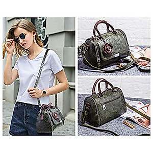 Mn&Sue Duffel Style Handbags for Women Small Top Handle Satchel Crossbody Mini Barrel Purse (Dark Green)