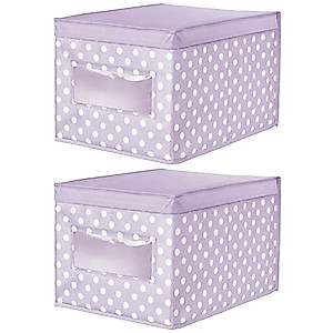 mDesign Large Soft Stackable Fabric Baby Nursery Storage Organizer Holder Bin Box with Front Window and Lid for Child/Kids Bedroom, Playroom, Classroom - 2 Pack, Light Wisteria Purple/White Polka Dot