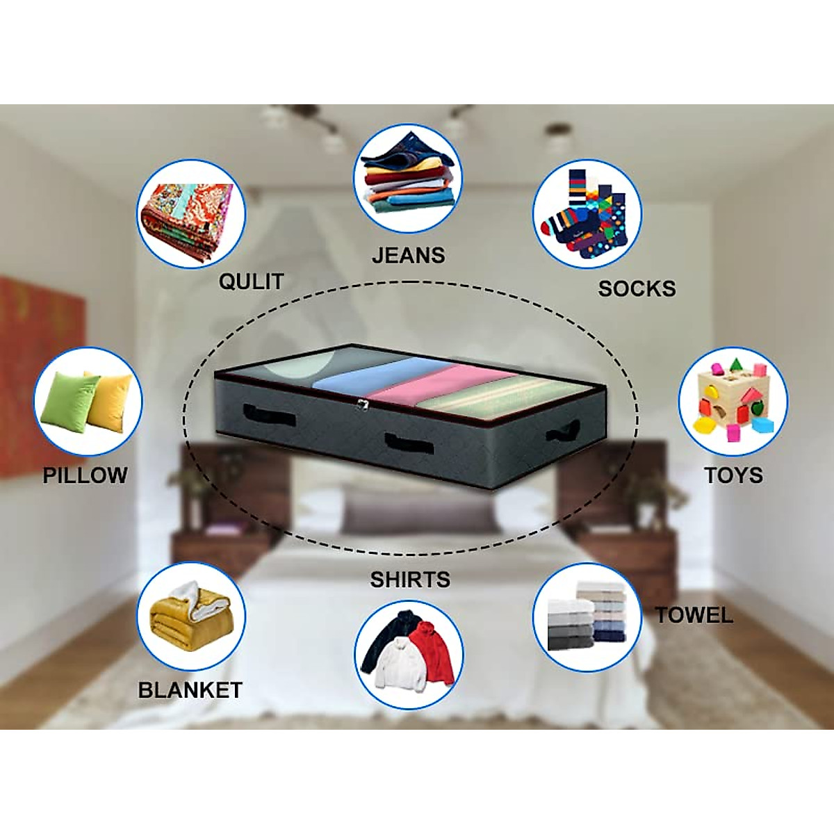 Underbed Storage Bags Organizer, Pack of 6 Foldable Under Bed Storage Containers with Sturdy Zipper Holder, Breathable Storage Bins with 4 Handles and Clear Window for Comforter, Blankets, Clothes and Toys.