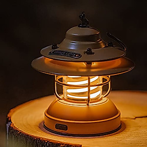 PINSAI LED Camping Lantern,Mini Rechargeable Retro Warm Camp Light,Battery Powered Metal Vintage Hanging Lamp,Portable Waterpoor Outdoor Tent Bulb, Emergency Lighting for Power Failure,Outages