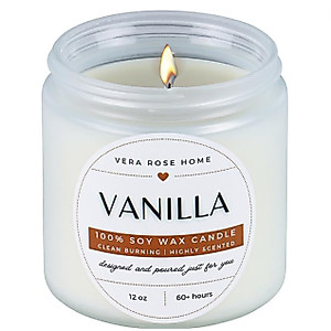 Vera Rose Home Vanilla Scented Soy Candle Long Burning Candles 60+ Hours White Candle Clean Burning Natural Scented Candle - Chistmas Gift, Christmas Candle, Vegan Candle 12oz Jar Candles