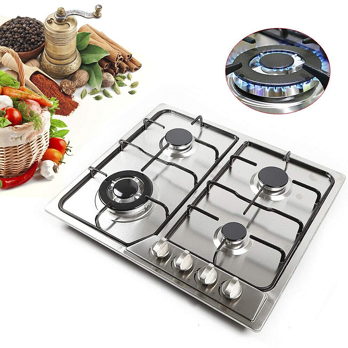 23 Inch Gas Cooktop 4 Burners Gas Stove gas hob stovetop, LPG/NG Gas Cooktop, Stainless Steel Cooktop 5 Sealed Burners Cast Iron Grates Built-in Gas Stove Top Protection (4 Burners Gas Cooktop A)