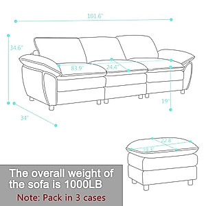 101.6" Small Modular sectional Sofa,Living Room Comfort Cloud Couch sectional, Modern Dark 3-Seater Cloud Sofa，Modular Sofa with Ottoman，Comfortable upholstered Furniture. for Apartment Office(White)
