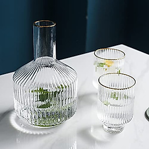 1500 C Tabletop Tiara Optic Swirl Bedside Carafe 1 Pitcher 59 oz. and 2 Tumblers 11.5 oz. Gold Rim Bedside Water Carafe with Glass Cups for Nightstand