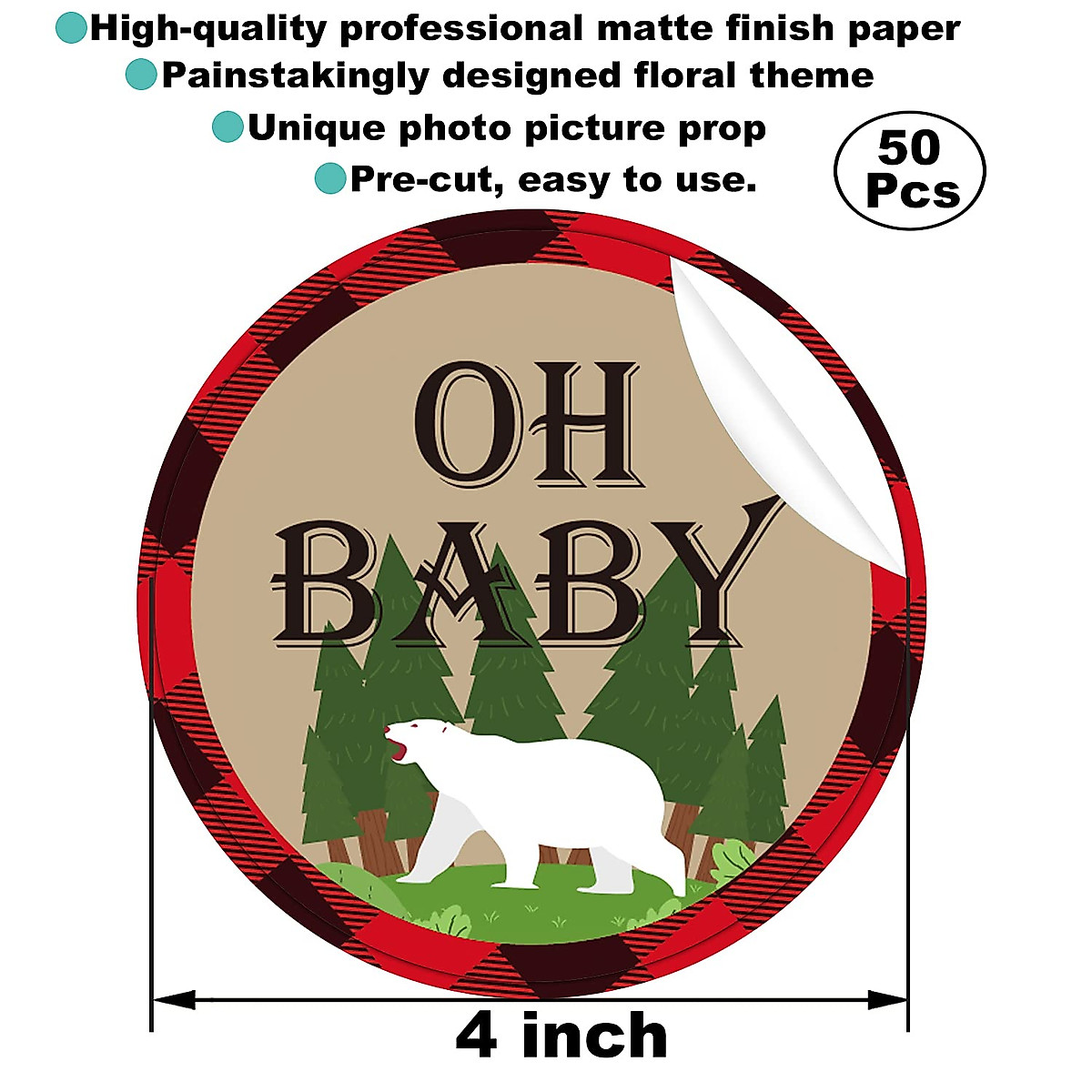 Oh Baby Stickers, 50 Pcs Lumberjack Plaid Baby Shower Stickers, 2 Inch Baby Shower Favor Stickers, Lumberjack Baby Shower Decorations, Baby Sprinkle Thank You Sticker Labels