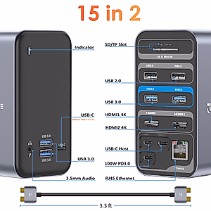 USB C Docking Station Dual Monitor for MacBook Pro, 15 in 2 USB C Laptop Docking Station Dual Monitor HDMI for MacBook Pro/Air with 2 4K HDMI Display, 6 USB A,USB C, SD&Micro SD,LAN, 87W PD 3.0