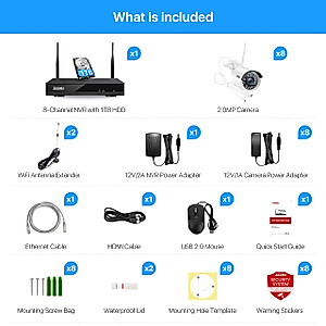 ZOSI 8CH 1080P Wireless Security Camera System with 1TB Hard Drive, H.265+ 8CH 1080P CCTV NVR,8PCS 1080P Indoor Outdoor WiFi Surveillance Camera,80FT Night Vision, Motion Alert,Remote Access