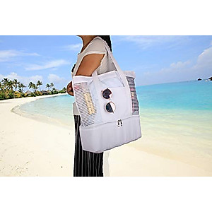 Large Mesh Beach Tote Bag with Zipper and Insulated Picnic Cooler Leak-proof for Beach Pool Outdoor Trave Gym