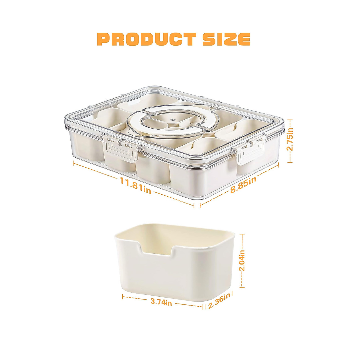 2 Pack Portable Snackle Box Container, Divided Serving Tray with Lid and Handle, Fruits, Clear Snack Platter Organizer and Storage for Adults Child (11.81" L*8.85"W-2pcs-8 Compartments)