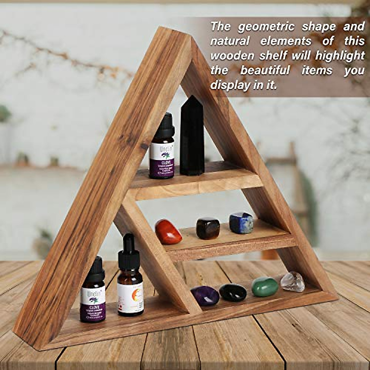 Curawood Triangular Crystal Display Shelf - Wooden Triangle Shelf for Crystals - Crystal Holder for Stones Display - Altar Crystal Wall Decor, Rock Display Shelf - Crystal Shelf Display for Stones