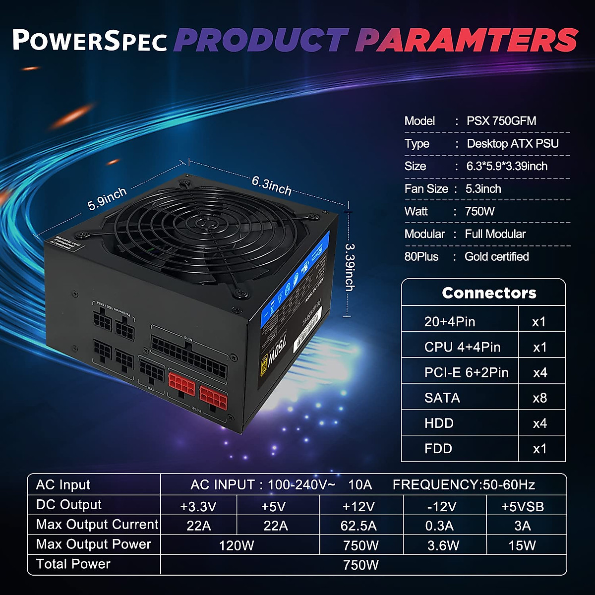 PowerSpec 750 Watt 80 Plus Gold Fully Modular ATX Power Supply Active PFC SLI Crossfire Ready Gaming PC PSU Computer Power Supplies, PS 750GFM