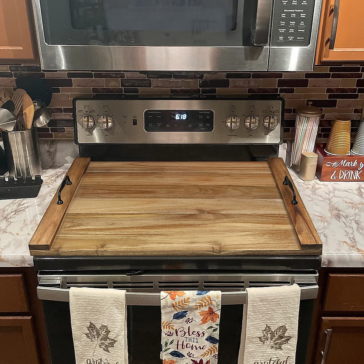 GASHELL Noodle Board Stove Cover with Handles for Electric, Gas Stove Top (Acacia Wood)