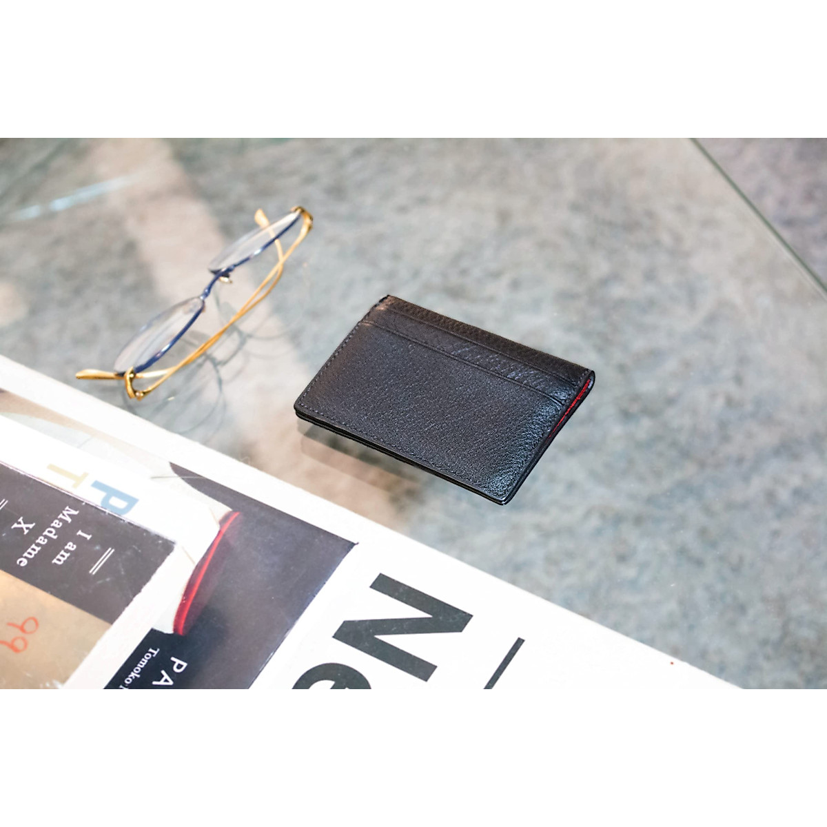 The Tanned Cow- Slim Minimalist Cardholder Wallet for Men Women, Mini Thin Leather Bifold, Compact, Front Pocket Credit Card Holder with RFID Blocking, Gift Box (Bubble leather, Black/Sangria Red)