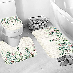 Mightree Bathroom Shower Curtains 4 PCS Set, Waterproof Fabric Bathroom Curtain with 12 Hooks, Toilet Lid Cover and Bath Mat, Non-Slip Rug Foot mat, Pink Flower, Medium