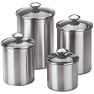 nu steel Canister Set Collection 4 Piece S/Steel Food Storage Container with Tempered Glass Lids for Kitchen Counter, Coffee, Tea, Etc, Small, Shiny Mirror