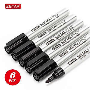 ZEYAR Permanent Markers, Chisel Tip Medium Point, Waterproof & Smear Proof ink, Aluminum Barrel Markers, Quick Drying (6 Black Color)
