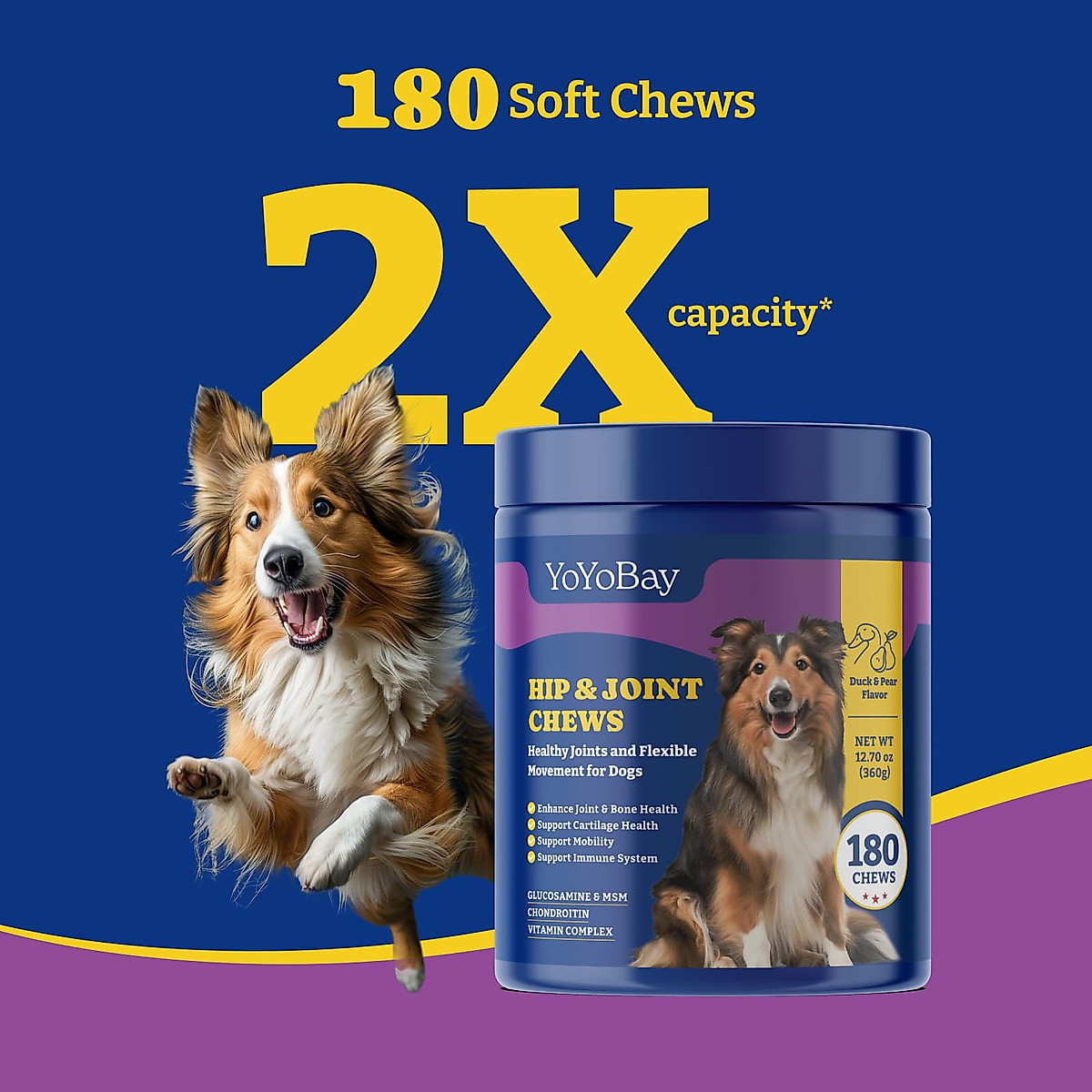 YoYoBay Joint Supplement for Dogs - Glucosamine for Dogs, with Chondroitin, MSM - Dog Pain Relief Anti-Inflammatory, Support Hip & Joint Health, Mobility - 180 Soft Chews, Duck & Pear Flavor