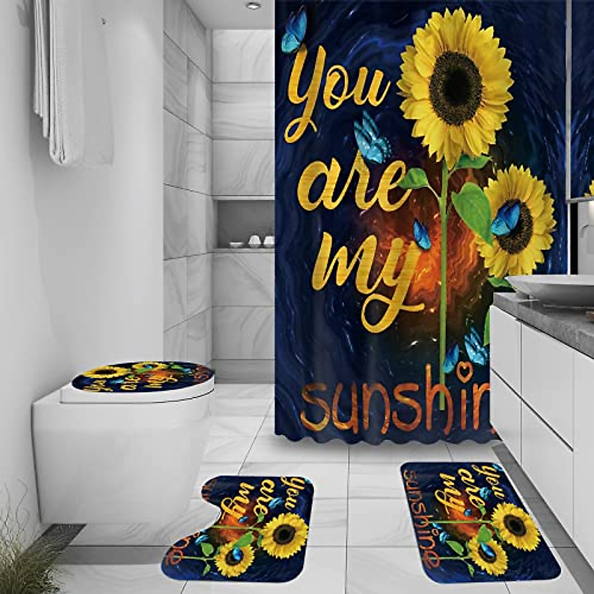 4 Piece Gold Sunflower Shower Curtains with Bath Rugs Bathroom Sets,Butterfly and Flower Bathtub Decor with Floor Carpet U Shape Mat Toilet Seat Cover Hook ,71 Inch Size Long Home Decoration (Blue)