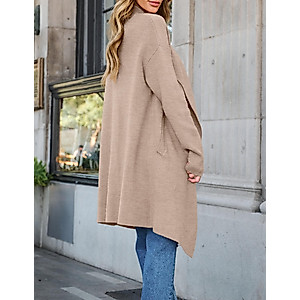 ZESICA Women's Casual Lapel Cardigan Long Sleeve Open Front Irregular Hem Soft Knitted Sweater Coat with Pockets,Oats,Medium