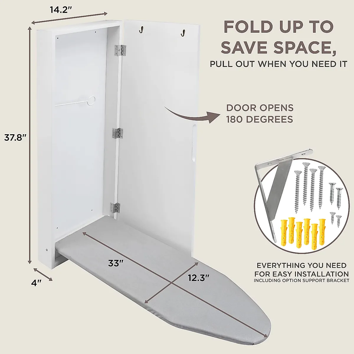 Ivation Wall-Mounted Ironing Board Cabinet with Farmhouse Door, Foldable Ironing Storage Station for Home, Apartment & Small Spaces, Easy-Release Lever, White