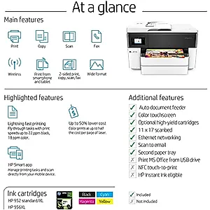 HP OfficeJet Pro Series Wide Format All-in-One Printer with Wireless Printing, Print Scan Copy Fax, Auto 2-Sided Printing, 512MB, 34 ppm, Compatible with Alexa - White