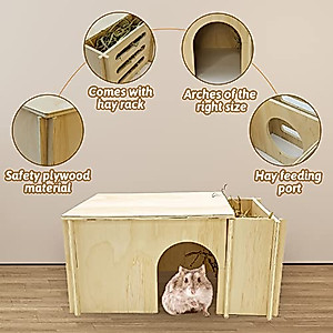Fhiny Guinea Pig Wood House with Hay Feeder, Detachable Chinchilla Hut Hideout Small Animal Hideout Hideaway Natural Hamster Habitat Decor for Guinea Pig Chinchilla Dwarf Rabbit Hamster