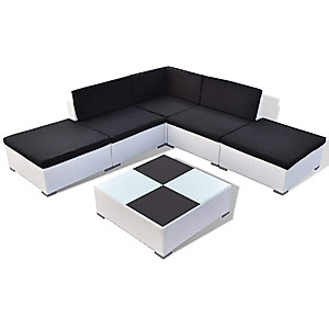 vidaXL Outdoor Patio Lounge Set - White PE Rattan Design with Black Cushions - 6 Piece Set with Corner Sofa, Center Sofas, Ottomans, and Tea Table - Easy Assembly
