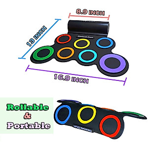 Electronic Drum Set,7 Practice Drum Pads,Roll-up Rechargeable Drum Set with Pedals,Sticks,Built-in Speaker/Headphone Jack, Rainbow Color