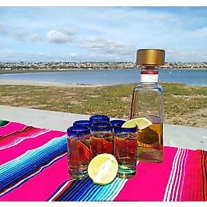 Hand Blown Mexican Tequila Shot Glasses – Set of 6 Cobalt Blue Rim Tequila Shot Glasses (2 oz each)