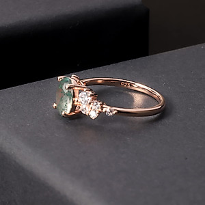 Gem's Beauty Birthday Gifts for Her 1.18CT Oval Cut Moss Agate There Stone Engagement Ring in 925 Sterling Silver Women's Gold Ring(Size10)