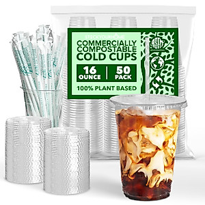 Stock Your Home 16 oz Clear Commercially Compostable Cups with Lids and Straws (Set of 50) Plant Based Cold Cups Eco Party Cup, Environmentally Friendly Recyclable Disposable Sustainable