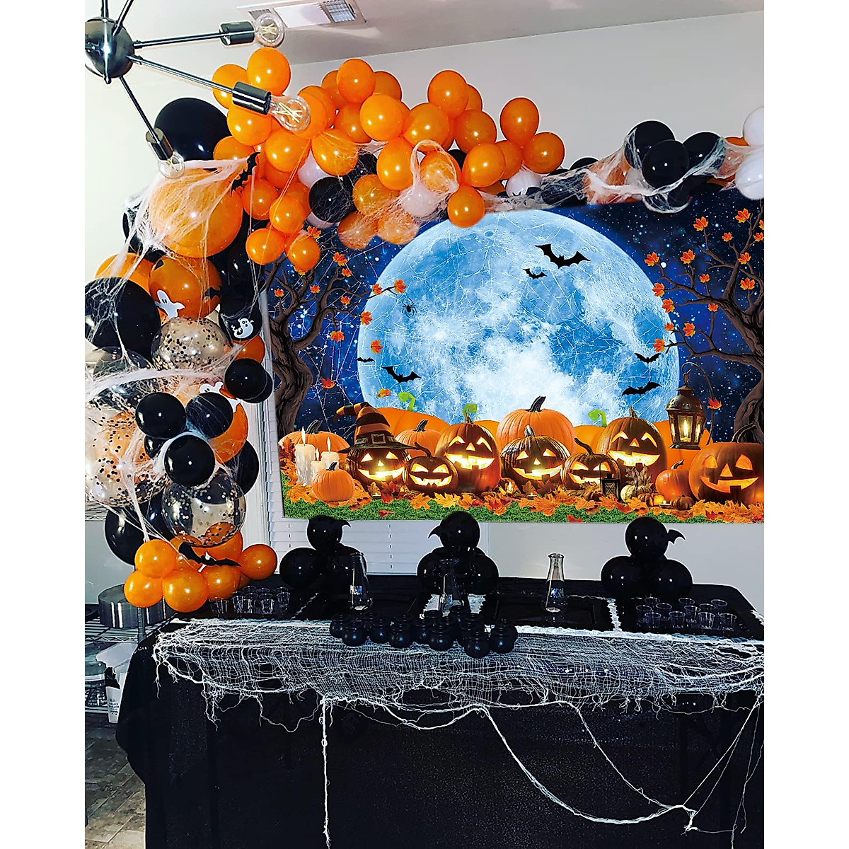 Halloween Backdrop for Photography 7x5FT Halloween Full Moon Night Background Horrible Pumpkin Lantern Maple Leaf Halloween Theme Baby Shower Birthday Party Decoration Photo Booth Props