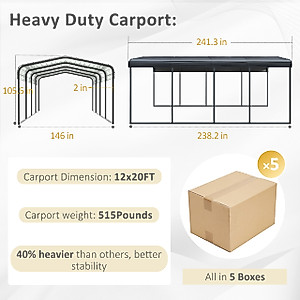 VEIKOU 12' x 20' Carport, Upgraded Steel Carport Garage, Outdoor Car Port Car Shelter Carport Canopy for SUV, Truck, Boat, Grey
