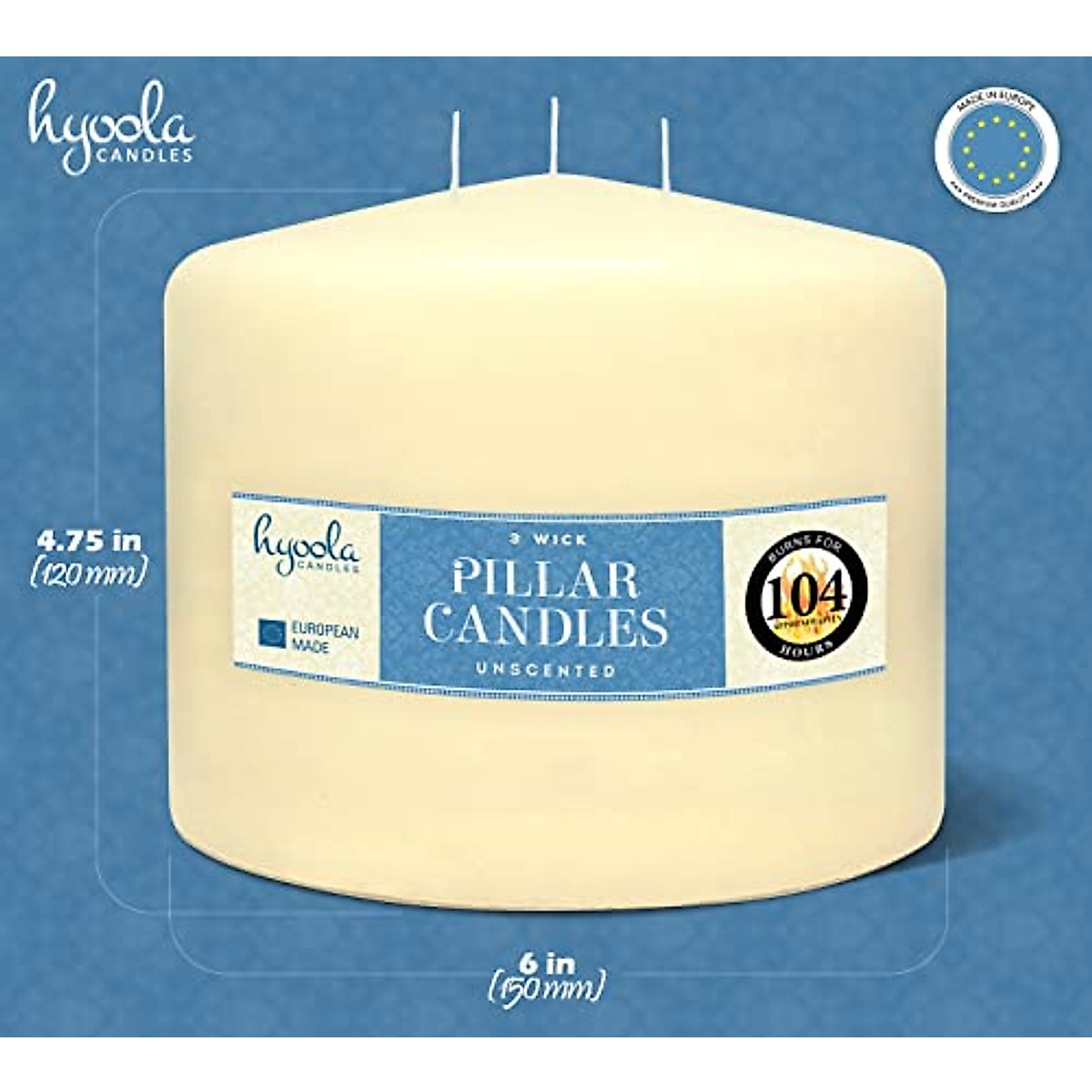 HYOOLA Ivory Three Wick Large Candle - 6 x 4.75 Inch - Unscented Big Pillar Candles - 104 Hour - European Made