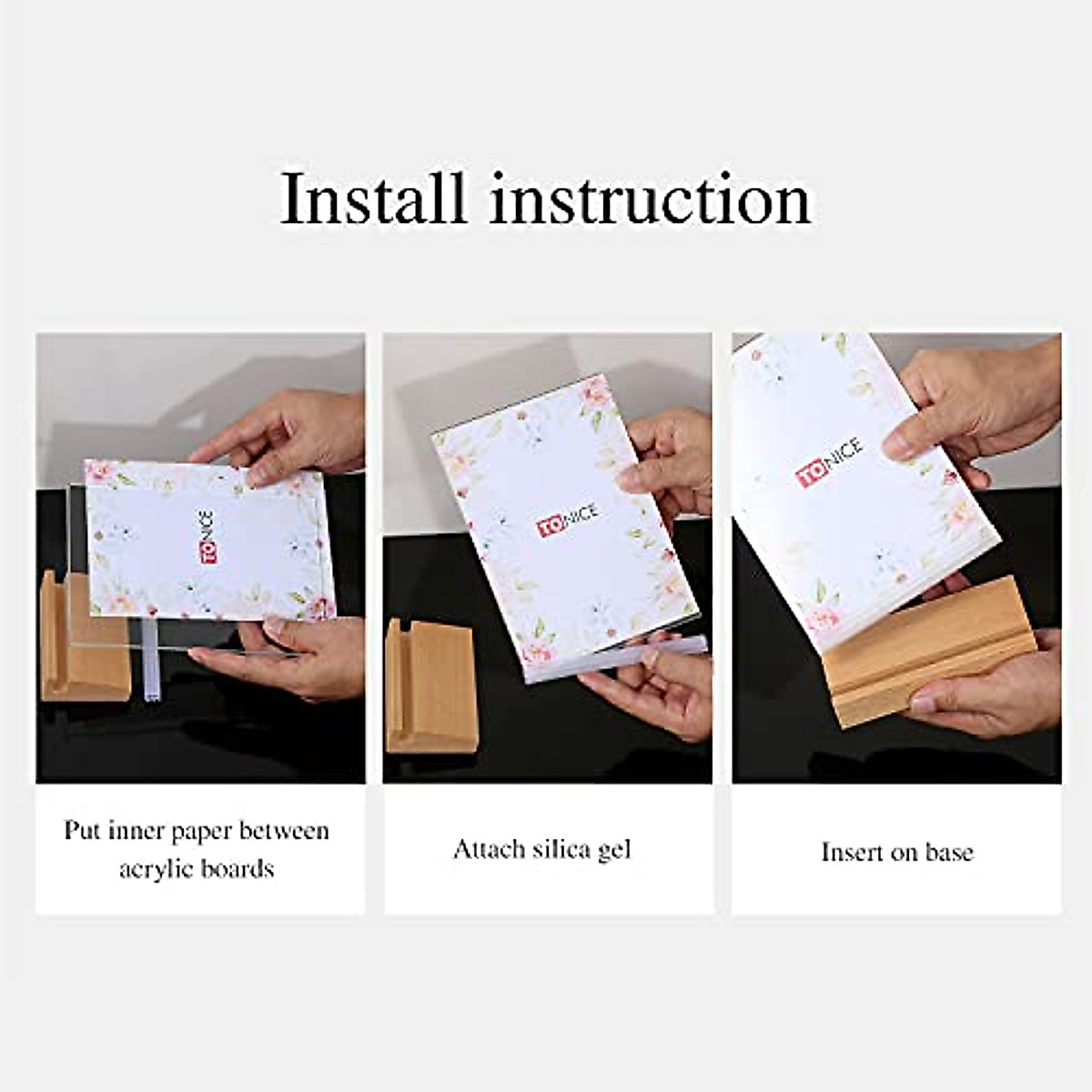 TONICE® 3 Pack 8.5x11 Acrylic Sign Holder L Shape Slant Back Design Clear Acrylic Frame Wood Base, Table Menu Display Stand, Flyer Display (Optional 8.5x11/5x7 Inch L/T Shape)